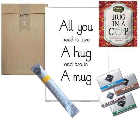 Thee en chocolade cadeau pakketje hug in a cup | A6 wenskaart, thee ...