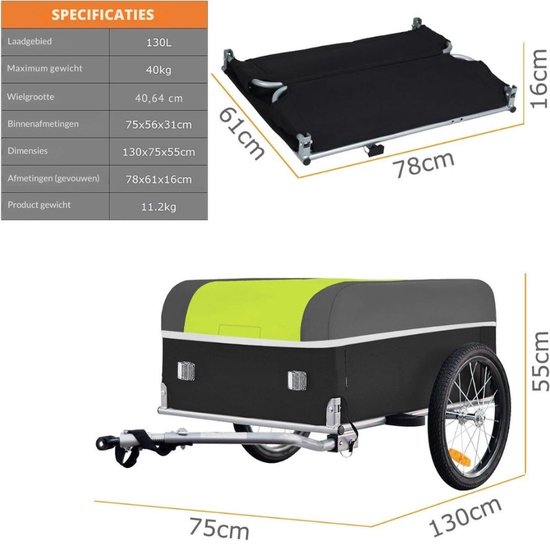 Fietskar Bagage - Fietskar 130 Liter Laadvermogen - Fietsaanhanger ...