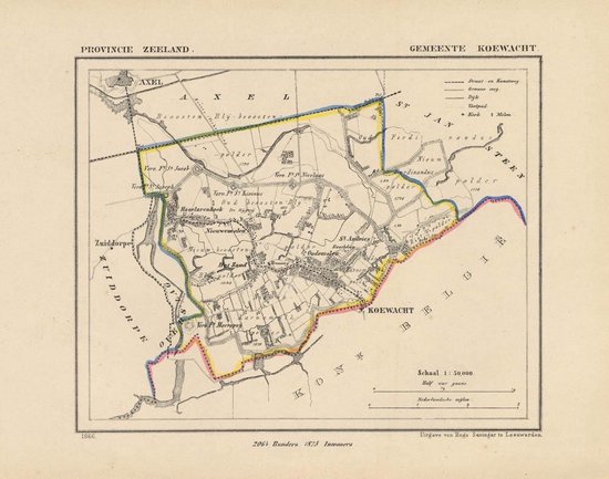 Historische kaart, plattegrond van gemeente Koewacht in Zeeland uit ...