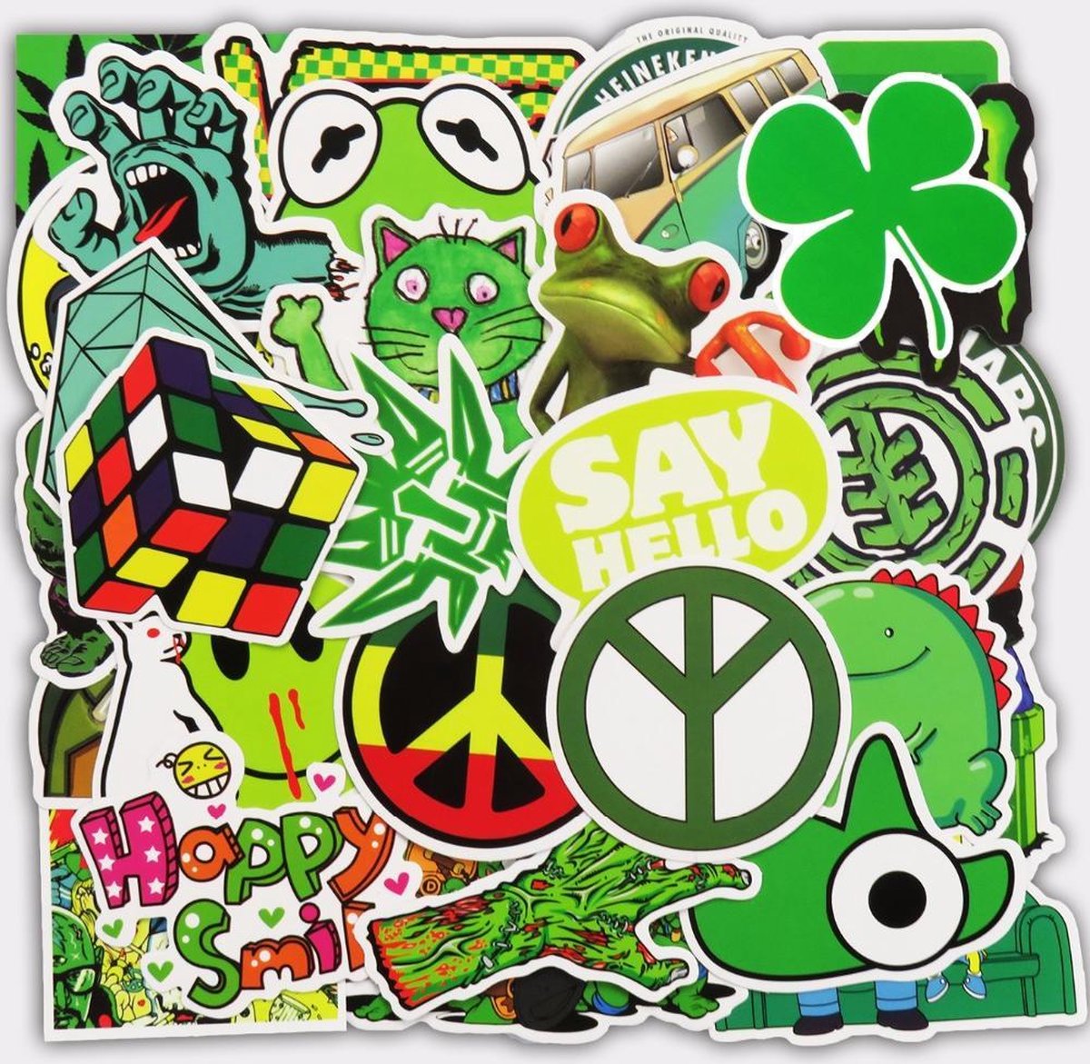 Mix van 50 groene stickers voor laptop, skateboard, tas, telefoon etc ...