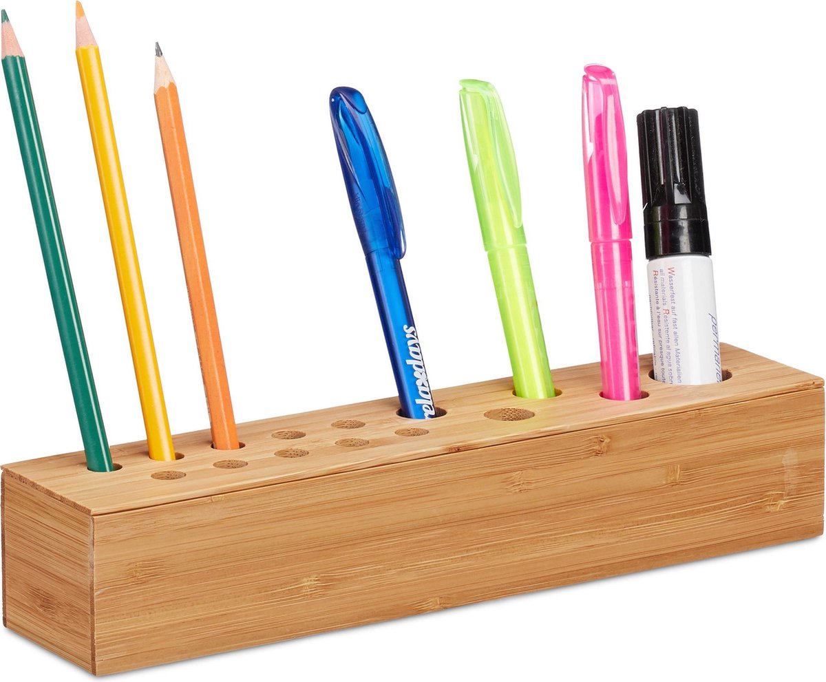 relaxdays pennenbak bamboe 15 vakken - pennenhouder hout - bureau ...