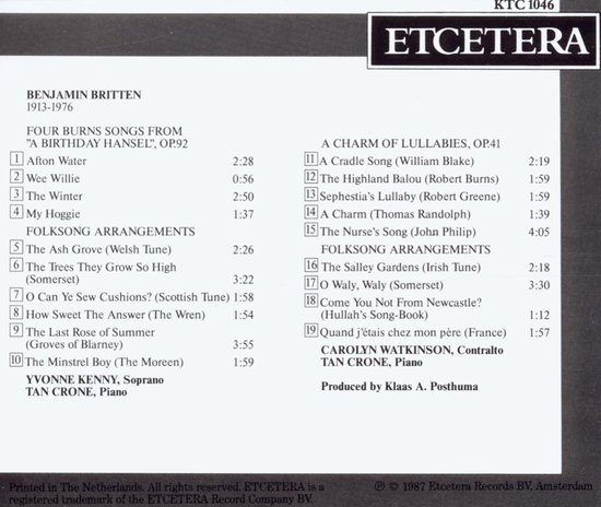 Yvonne Kenny, Carolyn Watkinson, Tan Crone - Britten: Four Burns Songs ...