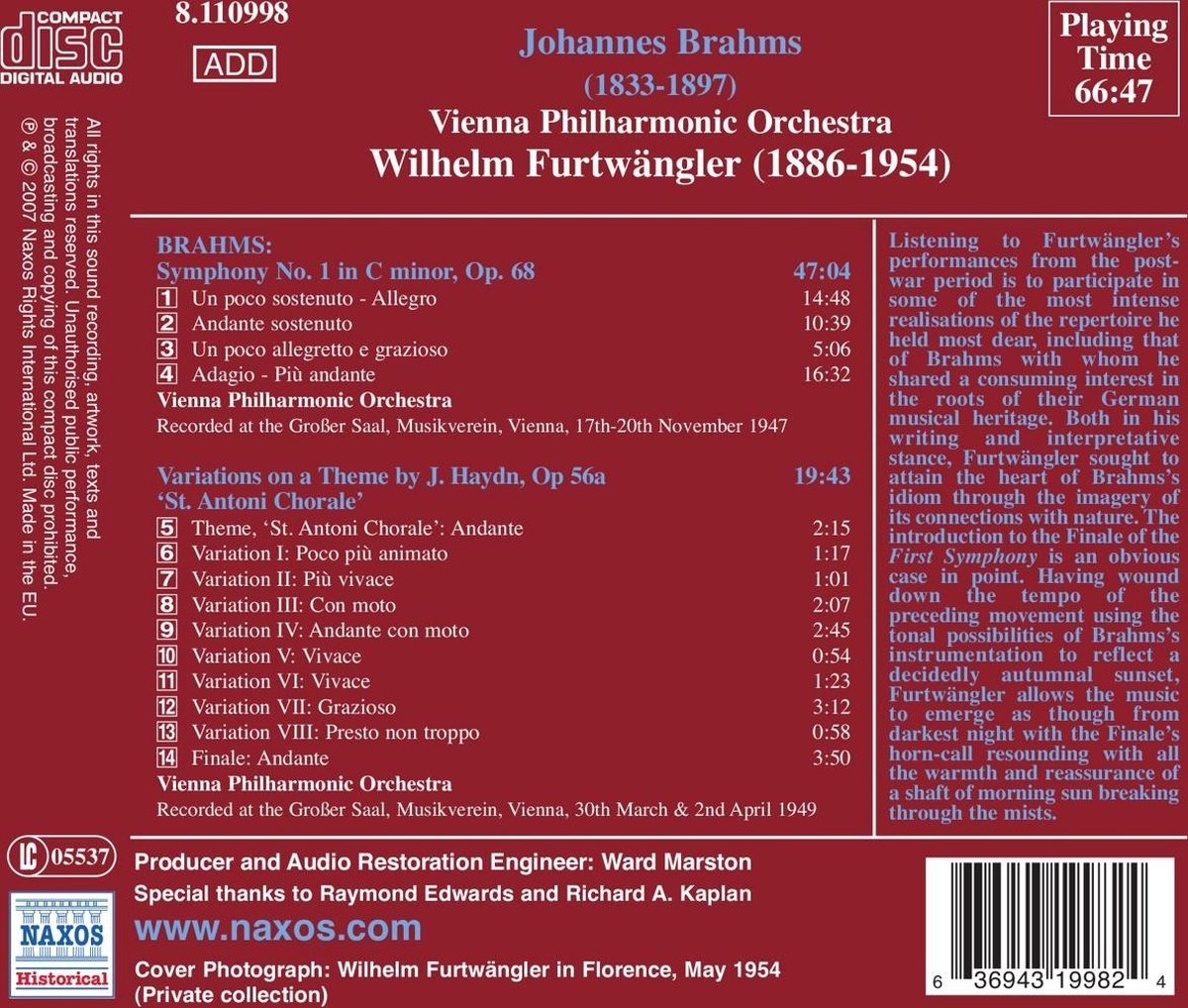 Vienna Philharmonic Orchestra - Brahms: Symphony No.1/Haydn Variations (CD), Wilhelm... | bol