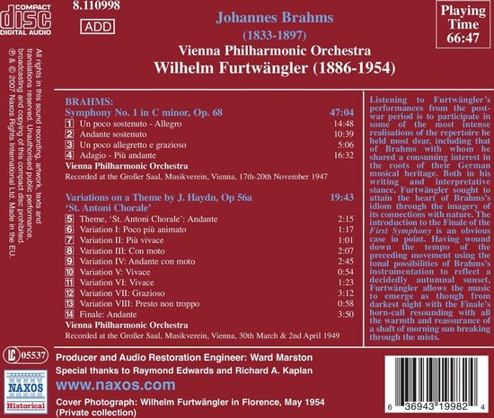 Vienna Philharmonic Orchestra - Brahms: Symphony No.1/Haydn Variations (CD), Wilhelm... | bol