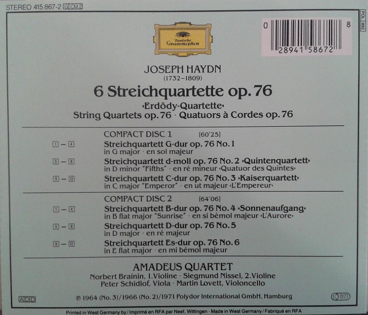 Haydn: 6 String Quartets Op 76 / Amadeus Quartet, Franz Joseph Haydn | CD (album) | Muziek | bol.com