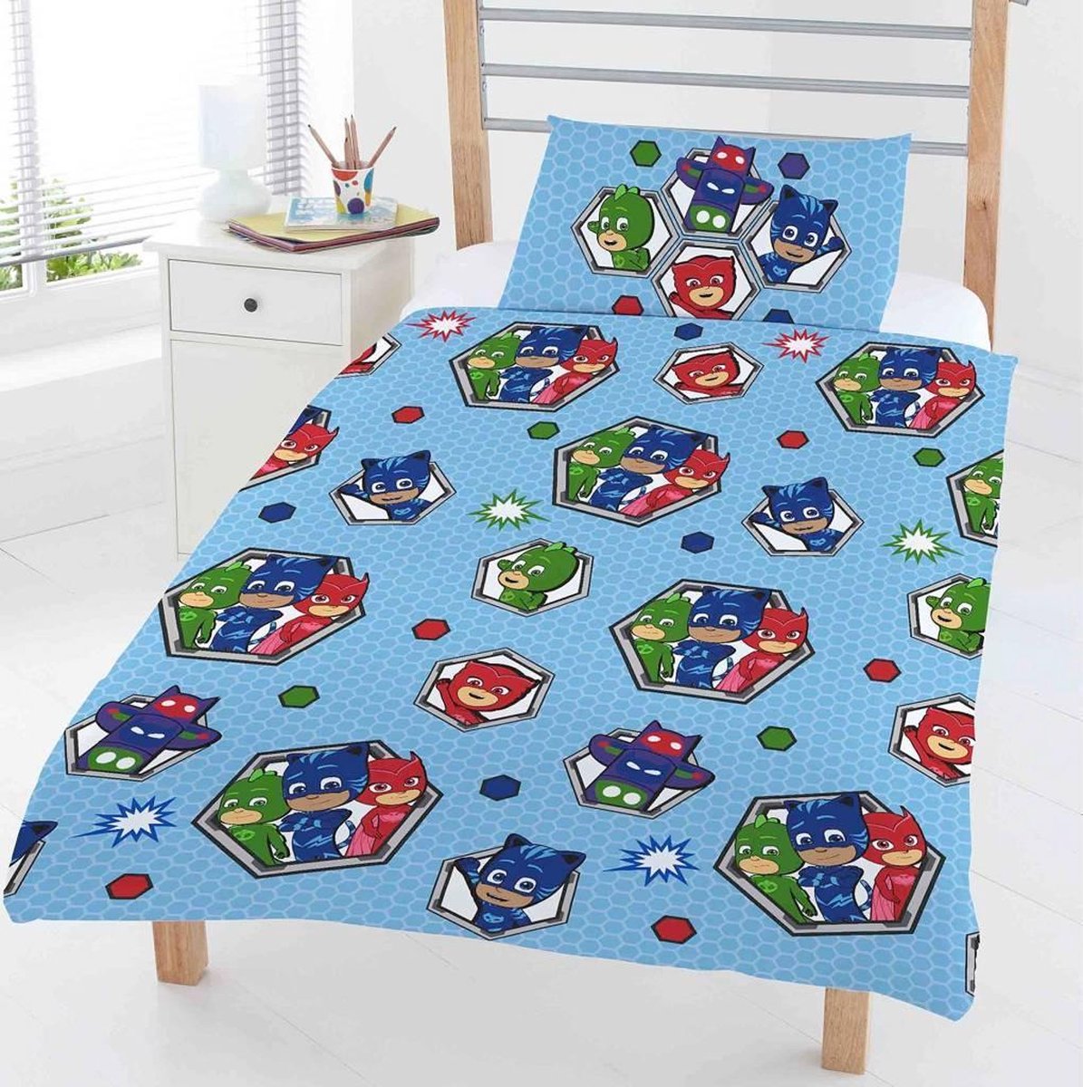PJ Masks Badges - Dekbedovertrek - Eenpersoons - 120 x 150 cm - Blauw ...