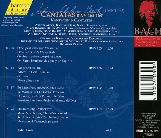 Bach-Ensemble, Helmuth Rilling - J.S. Bach: Cantatas Bwv 165-168 (CD ...