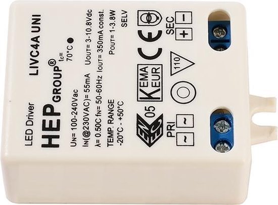 HEP LIVC4A-UNI - LED voeding - 110-240V / 3-10,8V DC - 350 mA - 3,80 W ...