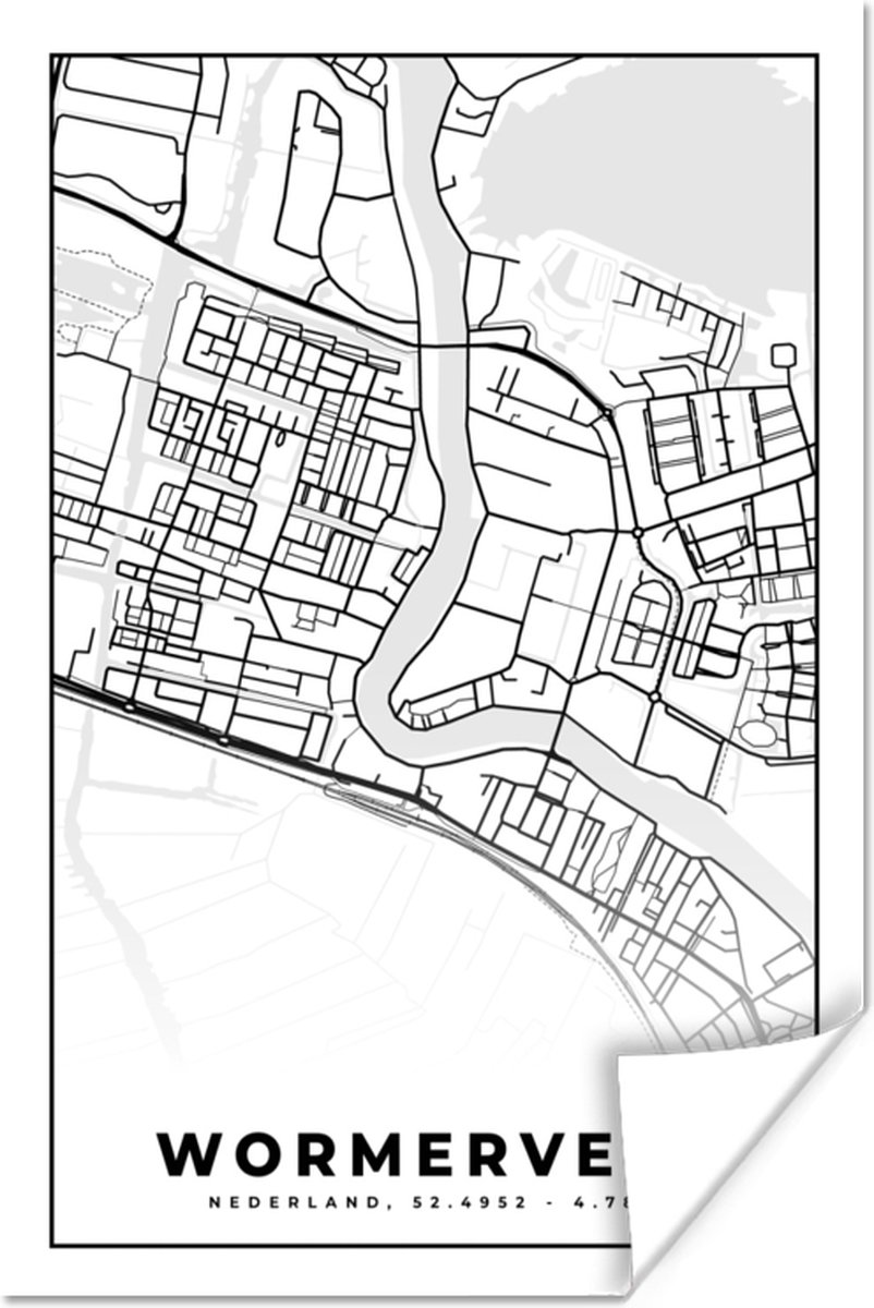 Poster Wormerveer - Kaart - Plattegrond - Stadskaart - 80x120 cm | bol.com