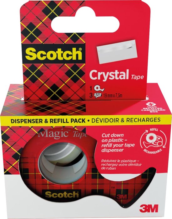 Scotch Crystal Tape plakband ft 19 mm x 7,5 m, dispenser + 3 rolletjes, ophangbaar... | bol