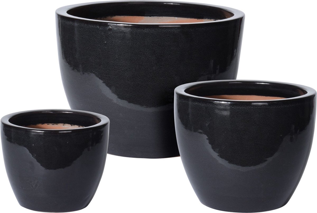 Oneiro Luxe Bloempot BLOEMPOT SET VAN 3 ZWART GEGLAZUURD D35 H25CM ...