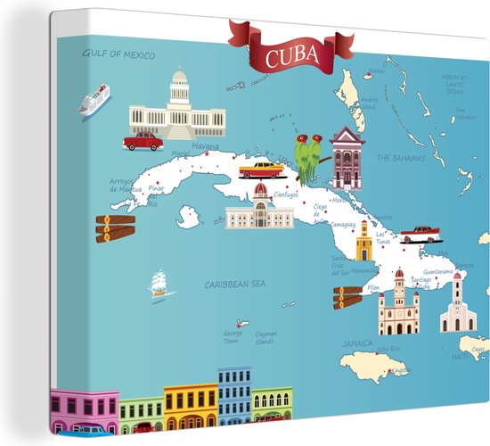 Canvas Schilderij Een illustratie van een cartoonkaart van Cuba - 80x60 ...