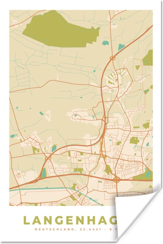 Poster Kaart - Plattegrond - Stadskaart - Langenhagen - Vintage ...