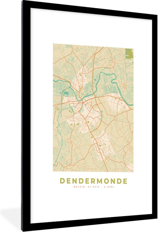 Fotolijst incl. Poster - Plattegrond - Kaart - Dendermonde - Vintage ...