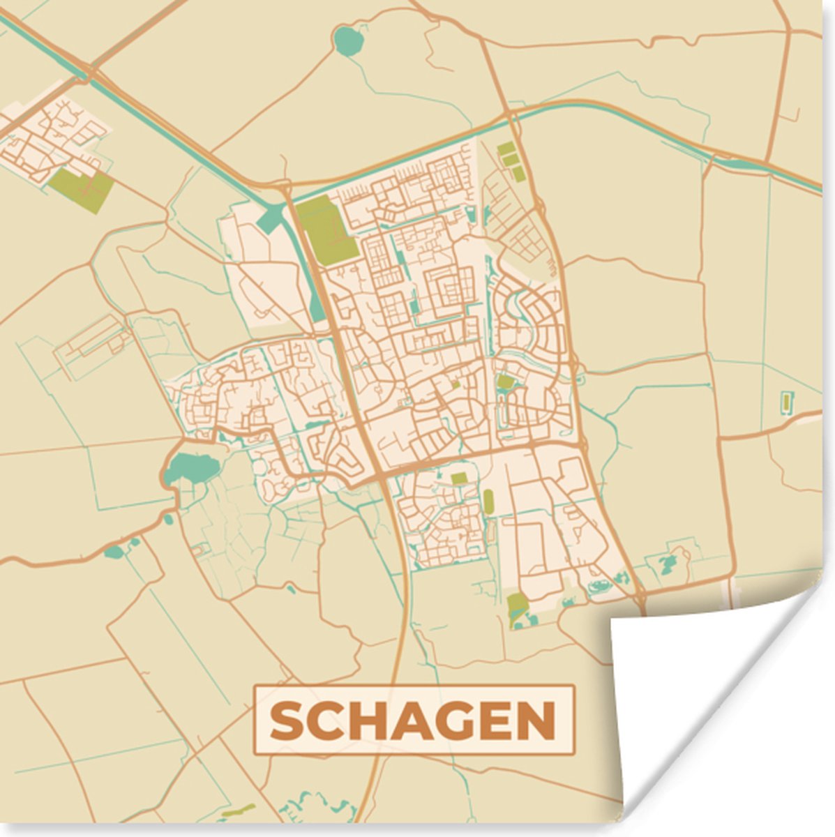 Poster Schagen - Kaart - Plattegrond - Stadskaart - 100x100 cm XXL ...