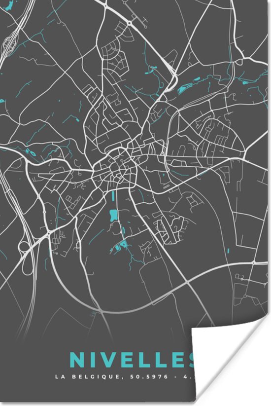 Poster Stadskaart – Grijs - Kaart – Nivelles – België – Plattegrond ...