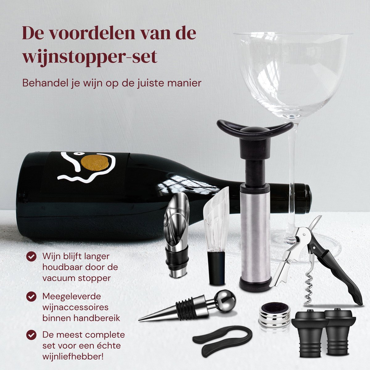 7-delige Set - Wijnflesstoppers - Wijnopener - Vacuumpomp ...