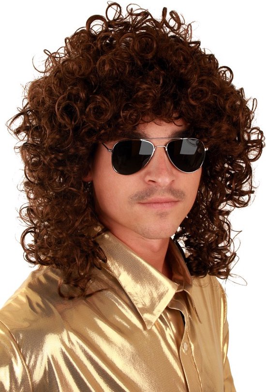 KIMU Nozem Pruik Bruin Krullen Matje Mullet Rocker 80's Zwarte Cross ...