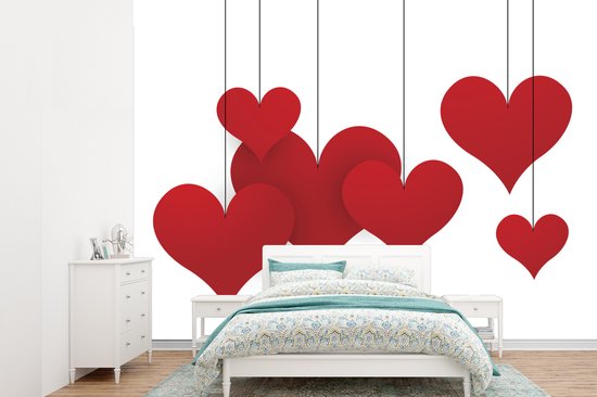 Behang - Fotobehang rode hartjes aan dunne lijntjes - Breedte 330 cm x ...
