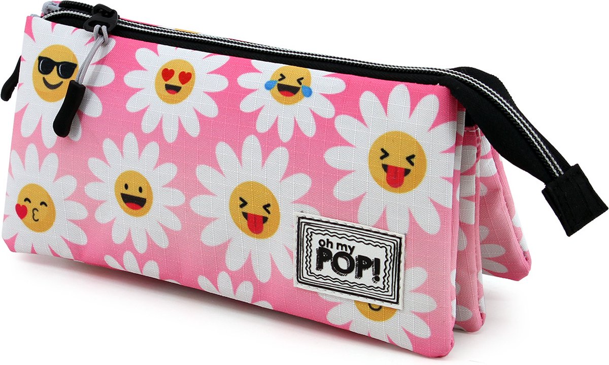 Oh My Pop! 3 vaks etui - Happy Flower - Smiley - Bloem - Roze - 23 x 11 ...