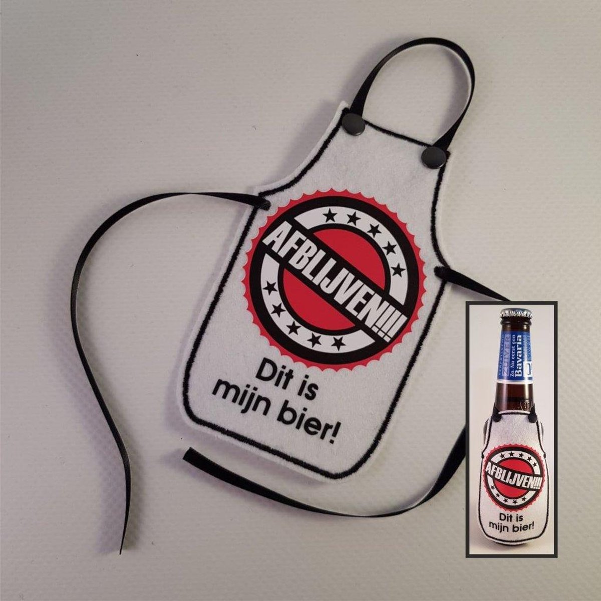 Wit schortje voor bierfles met "Afblijven!!! Dit is mijn bier ...