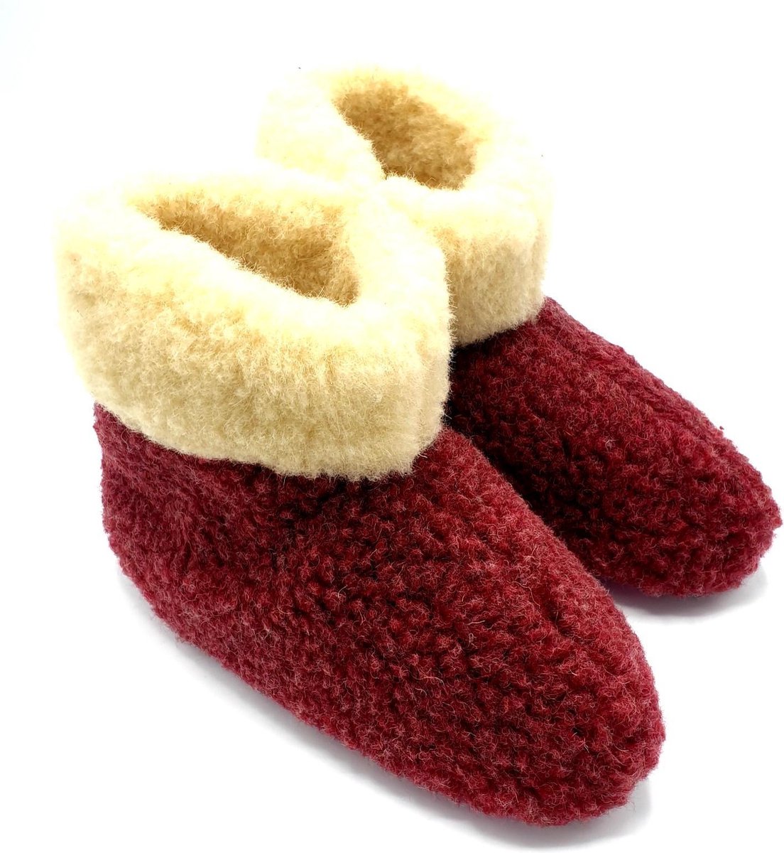 wollen sloffen 100% wol pantoffels -rood met witte kraag - hoog model ...
