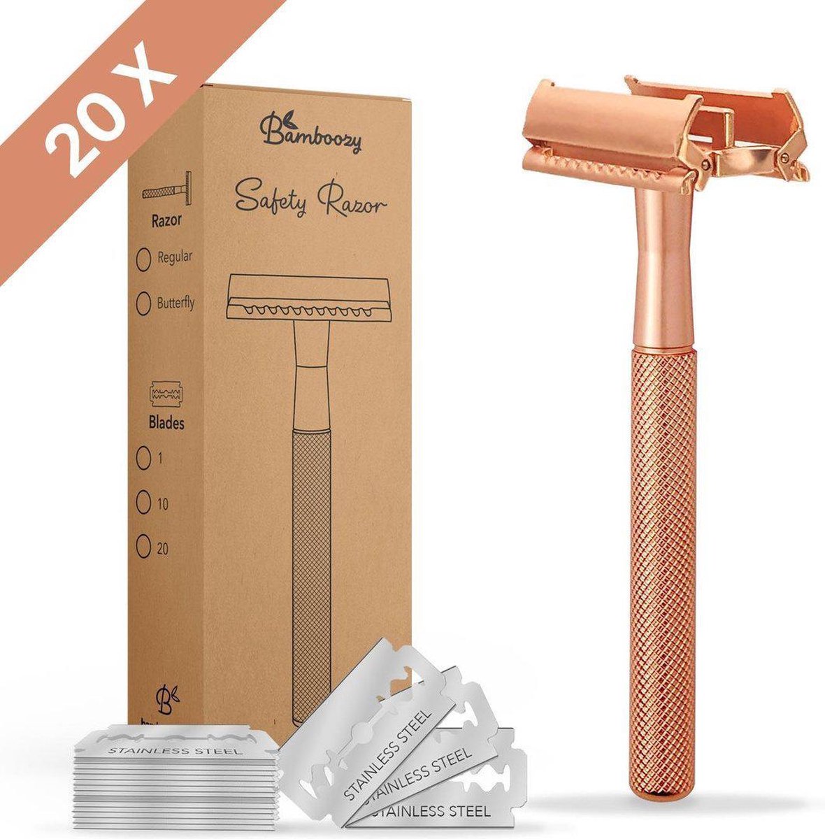 Bamboozy Safety Razor Vlindersluiting RVS + 20 scheermesjes Rose Gold ...