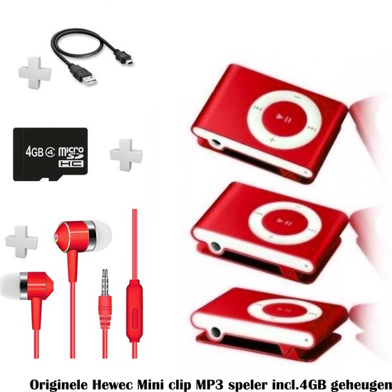 Mini MP3 speler met in-ear koptelefoon Inclusief 4GB Geheugen Rood | bol