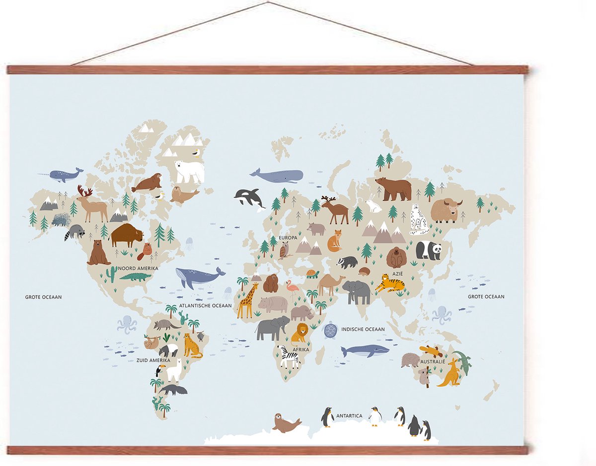 Poster In Posterhanger - Wereldkaart Dieren - 50x70 cm - Kader Hout ...