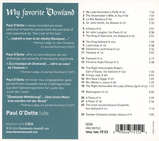 Paul O'Dette - My Favourite Dowland (CD), Paul Odette | CD (album ...