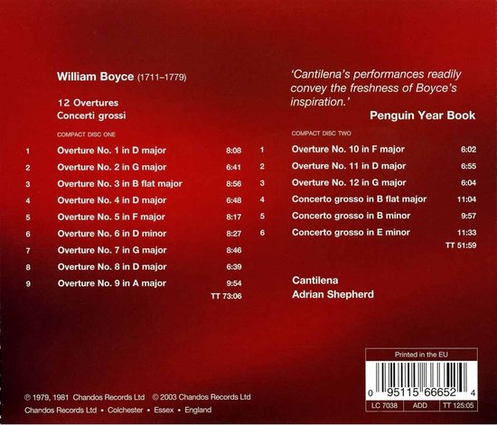 Cantilena, Adrian Shepherd - Boyce: 12 Ouvertures And 3 Concerti (2 CD ...