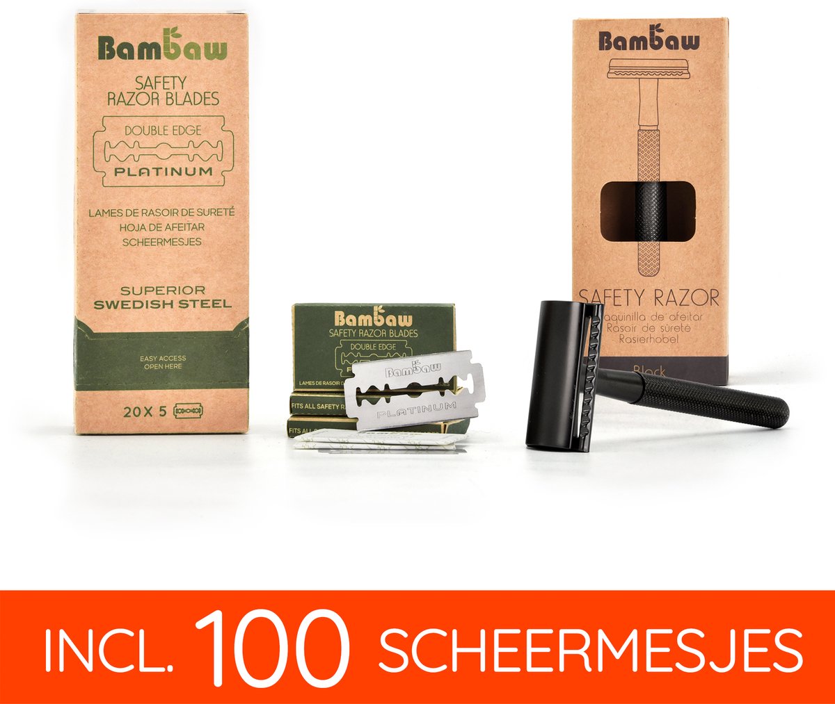 Pack Safety Razor met 100 Scheermesjes Bambaw | Zwart | Metalen ...