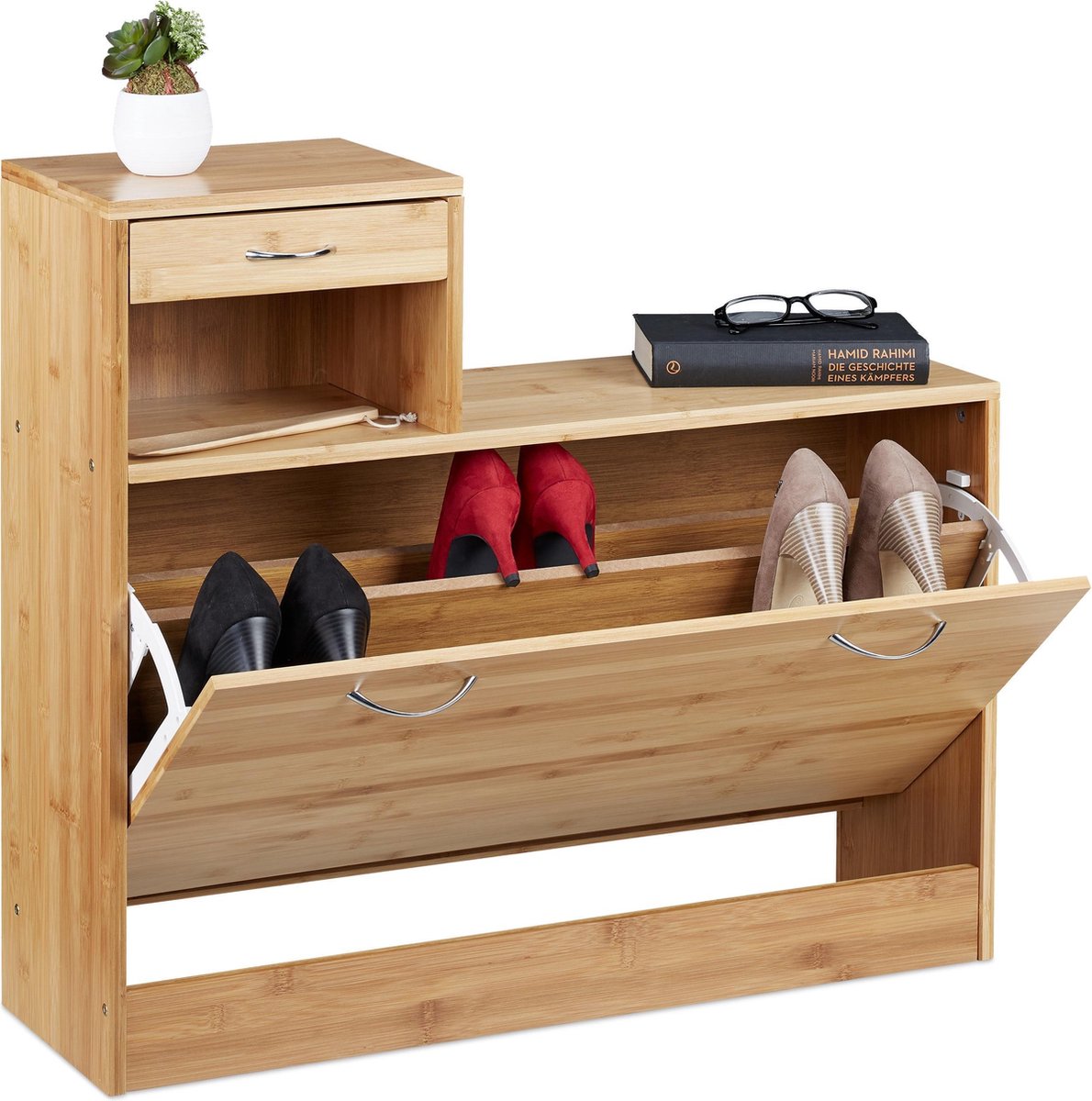 relaxdays schoenenkast bamboe - schoenenrek - gangkast met lade en klep ...