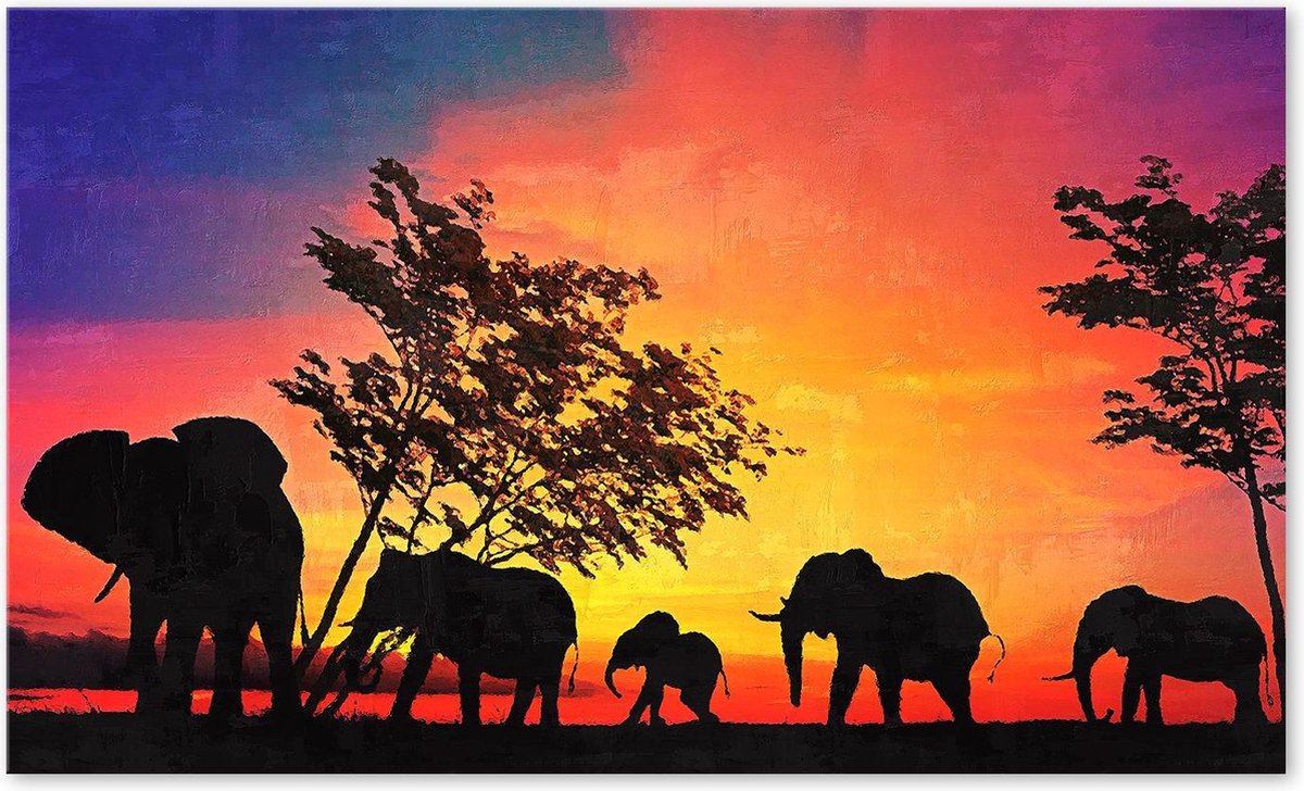 Graphic Message - Schilderij op Canvas - Olifanten Zonsondergang ...