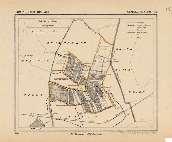 Historische kaart, plattegrond van gemeente Sluipwijk in Zuid Holland ...