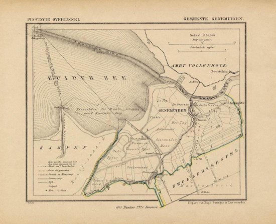 Historische kaart, plattegrond van gemeente Genemuiden in Overijssel ...