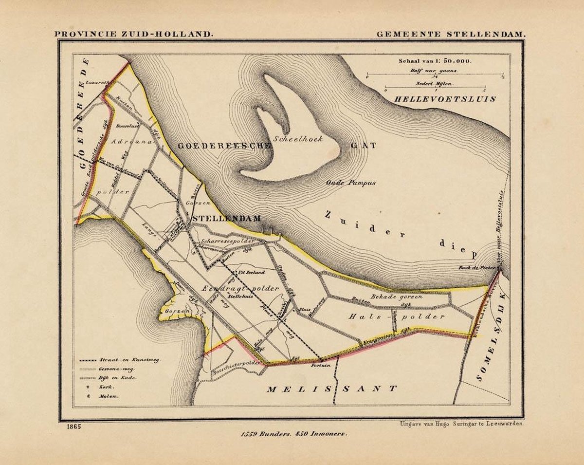 Historische kaart, plattegrond van gemeente Stellendam in Zuid Holland ...
