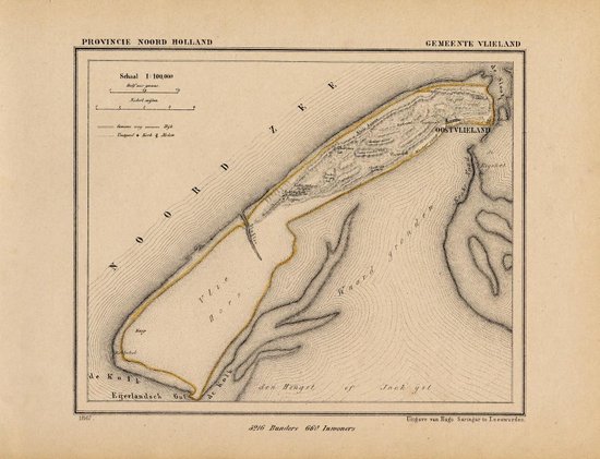 Historische kaart, plattegrond van gemeente Vlieland in Noord Holland ...