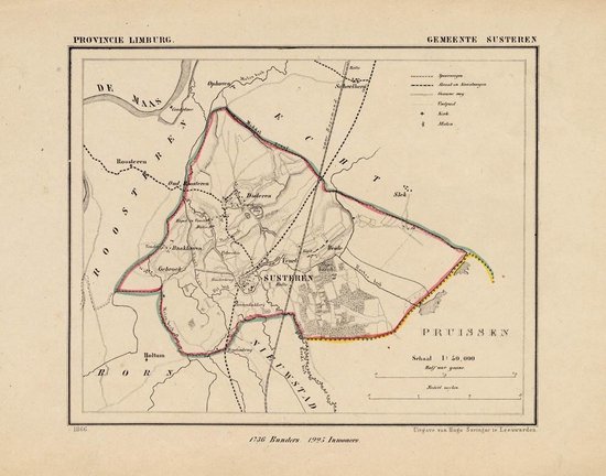 Historische kaart, plattegrond van gemeente Susteren in Limburg uit ...