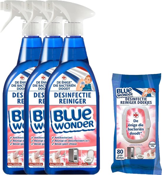 3 x Blue Wonder desinfectie spray + 1 x 80 Blue Wonder desinfectie ...