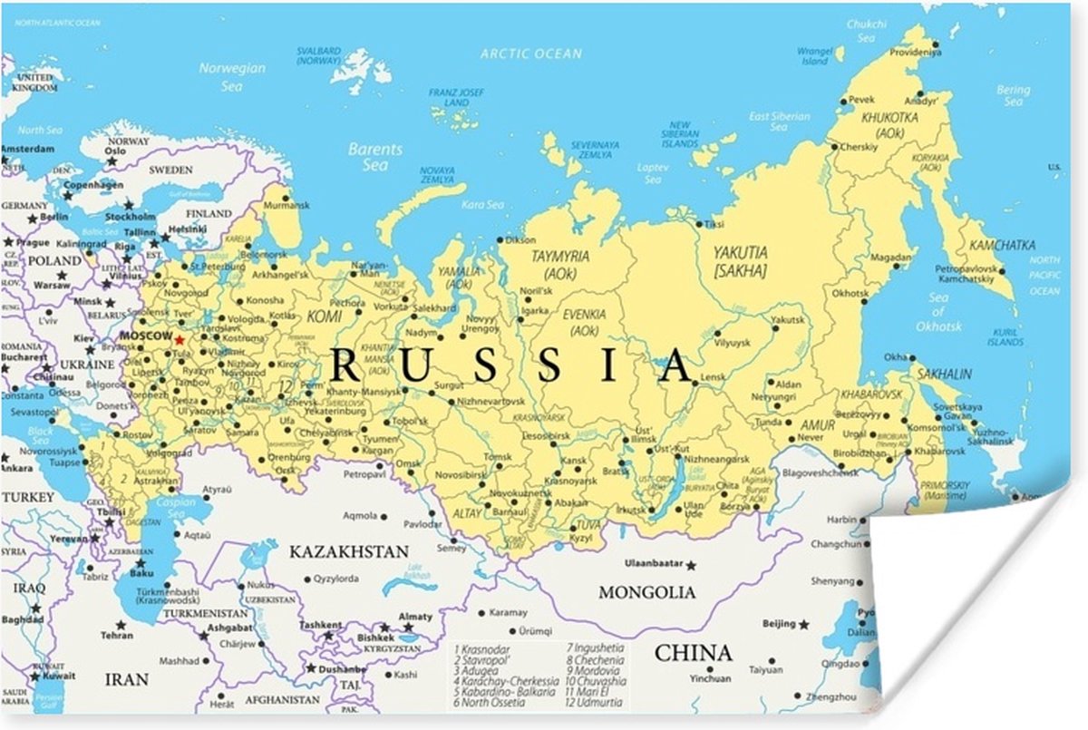 Wanddecoratie - Illustratie van een deel van de wereldkaart met Rusland ...