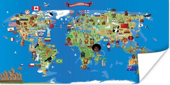 Poster een cartoon kaart van de wereld met figuren - 120x60 cm | bol.com