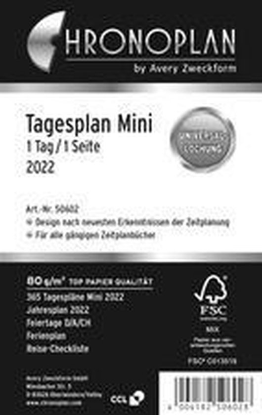 CHRONOPLAN dagplan 2022, 1 dagen/1 pagina, mini, 79 x 125 mm | bol