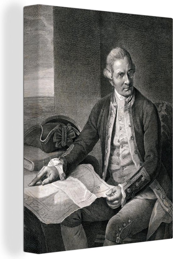 Canvas Schilderij Illustratie van een portret van James Cook met kaart ...