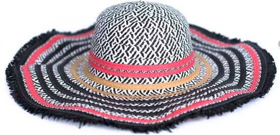 Grote strandhoed strohoed flaphoed kleur zwart wit roze print maat S/M ...