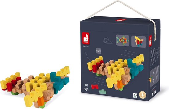 Janod - 100-Delige Houten Bouwdoos Met Constructie Blokken - Gemaakt ...