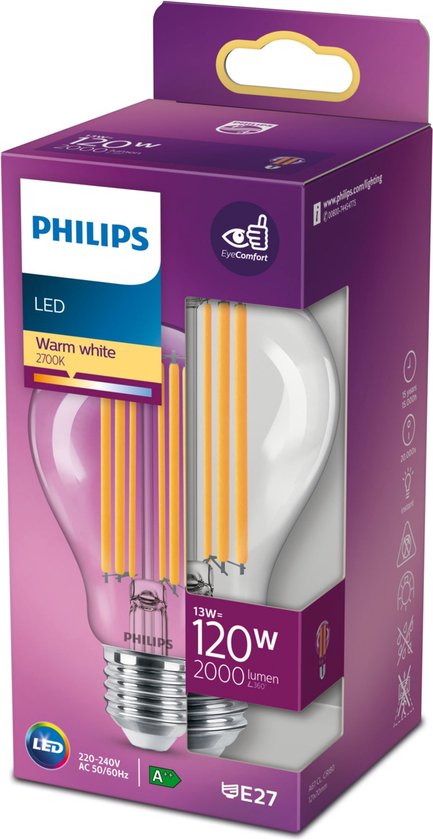 Philips Classic LEDbulb E27 Peer Filament Helder 13W 2000lm - 827 Zeer Warm Wit |... | bol