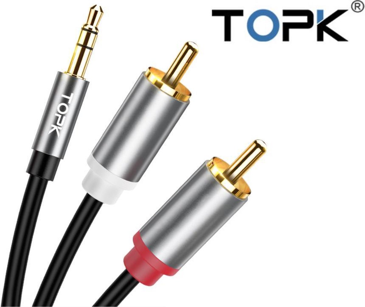 TOPK® | AUX kabel 3,5mm jack male naar 2 RCA tulp kabel | 1 meter ...