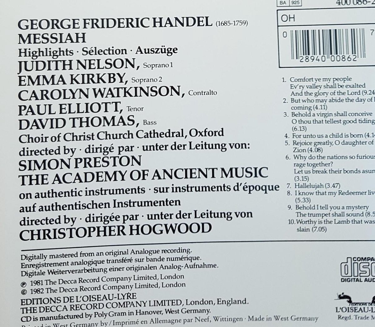 Handel: Messiah [Highlights], Christopher Hogwood | CD (album) | Muziek ...