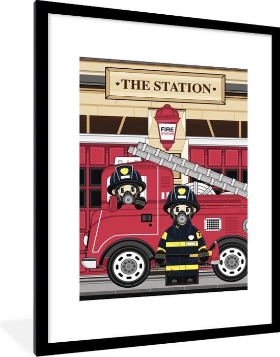 Fotolijst incl. Poster - Kindertekening van brandweermannen met ...